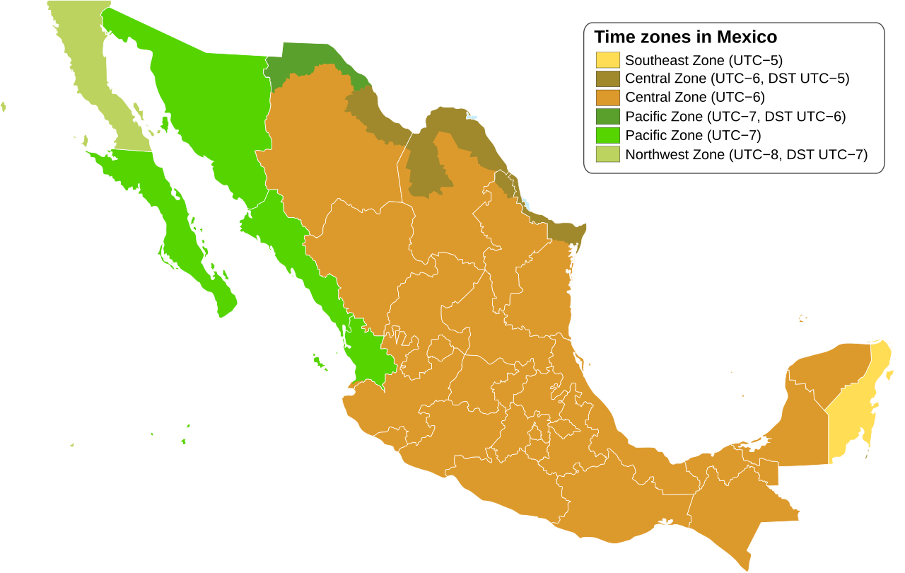 Mexico Current Time & Time Zone Map - Live 4 Zones Clock